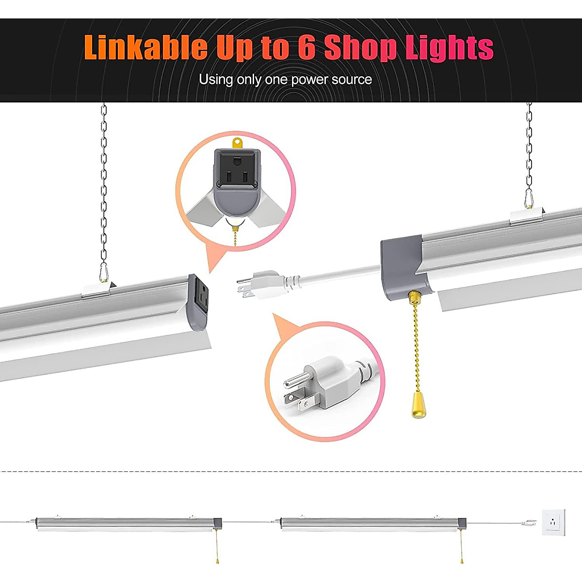 OPENLUX 3.6ft Linkable LED Shop Light, 80W LED Utility Shop Light Fixture,10400LM,41 inch,5000K Daylight for Workshop,Office with Plug and On/Off Pull Chain,Hanging or Surface Mount - 4 Pack