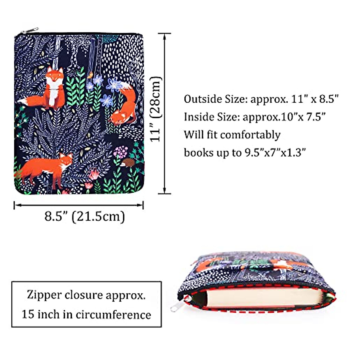 Fox Forest Book Sleeve ,Book Protector Book Covers for Paperbacks, Book Sleeves with Zipper , 11 X 8.5 Inch, Fox Gifts for Girls