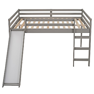 GJHOME Full Loft Bed with Slide, Solid Wood Low Loft Bed Frame for Kids Girls Boys (Full Size, Gray)