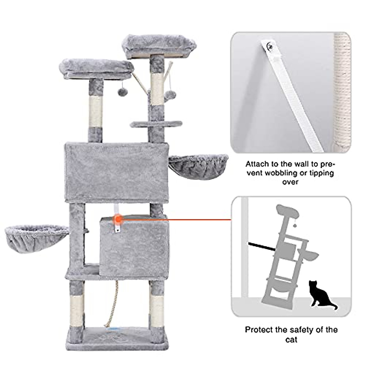 Hey-brother Cat Tree,Cat Tower,Cat Condo with Scratching Posts,Basket,2 Caves,2 Plush Perches,Activity Center with Removable Fur Ball Sticks,Light Grey MPJ027W