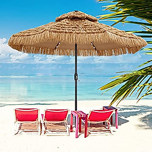 GDY 10FT 40 LED Hula Thatched Tiki Umbrella, Hawaiian Style Beach Patio Umbrellas with Center Light for Patio Garden Beach Pool Backyard