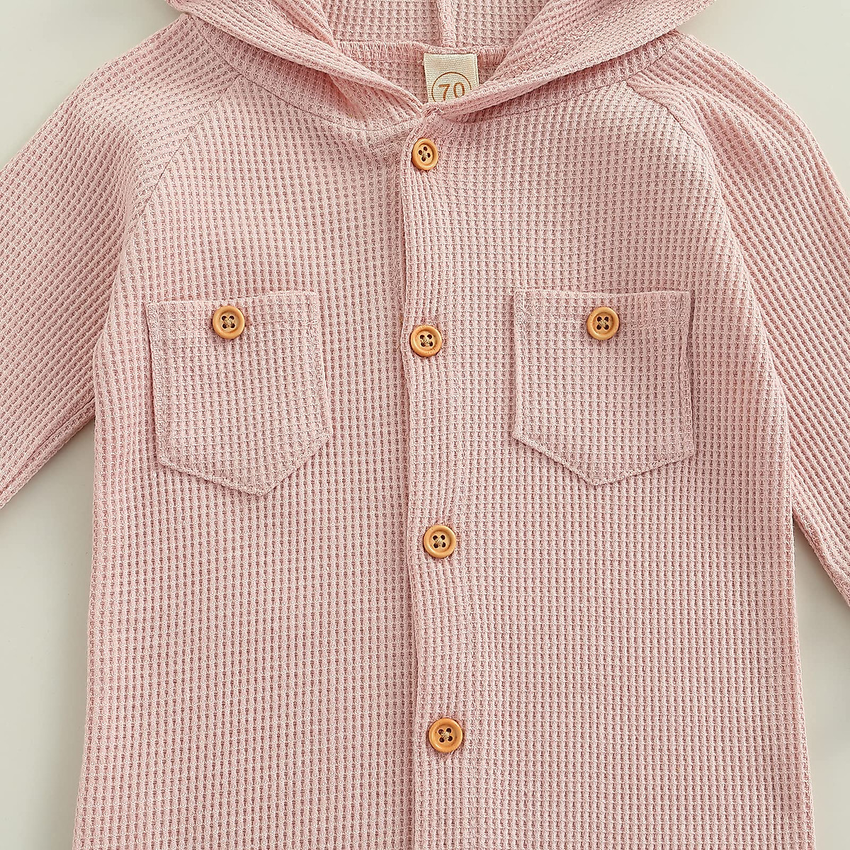 NANYKNIGHTY Toddler Baby Boy Girl Romper Unisex Infant Clothes Waffle Fabric Solid Long Sleeve Buttons Hooded Jumpsuit One-piece (Pink, 6-12 Months)