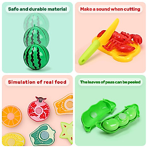 HOLYFUN 100 PCS Cutting Play Food Toy for Kids Kitchen, Pretend Fruit & Vegetables Accessories with Shopping Basket, Plastic Mini Dishes, Play Money, Perfect Educational Toy for Toddlers Boys & Girls