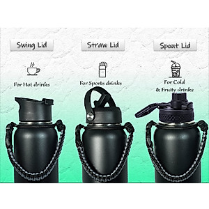 Faji 32oz Powder Coated Double Wall Vacuum Insulated Sports Water Bottle,Stainless Steel Wide Mouth Thermos Flask with Paracord Handle, Straw, Swing, & Spout Lid, Leak Proof, BPA Free (Mystery)