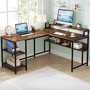Tribesigns Reversible L Shaped Desk, L Shape Computer Table with Monitor Stand and Storage Shelves, Industrial Corner Desk with Printer Space, Work Desk for Home Office, Small Spaces