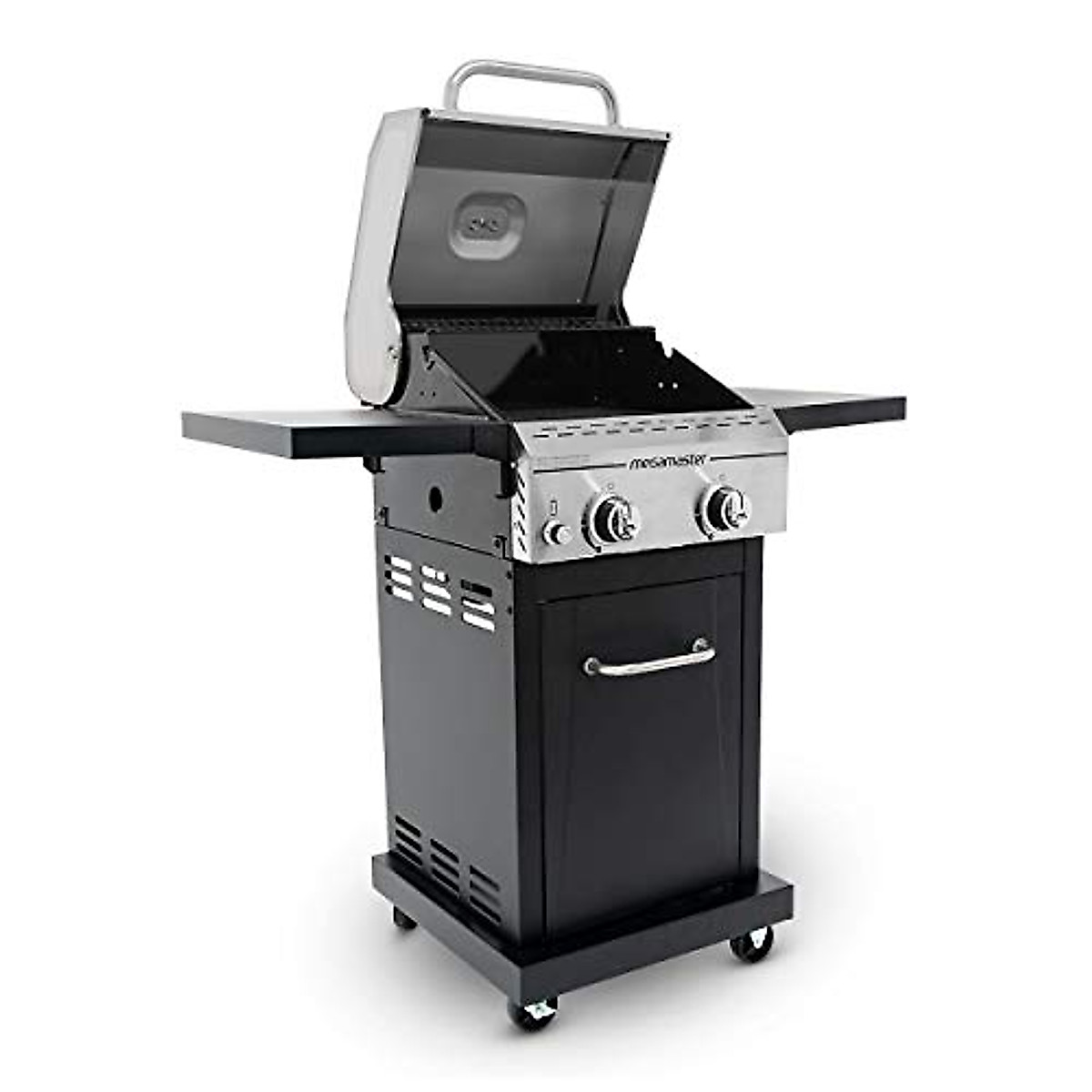 Megamaster 720-0864MA 2 Burner Propane Barbecue Gas Grill, for Camping, Outdoor Cooking, Patio, Garden Barbecue Grill, 28000 BTUs, with Foldable Side Table, Silver and Black
