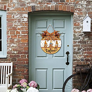 Thanksgiving Door Sign Wreath Welcome Fall Door Sign 12in Wooden Autumn Sign with Bowknot Fall Gnomes Decoration for Home Front Door Porch Thanksgiving Hanging Sign