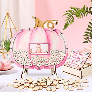 YLOLUL 62 Pcs Pumpkin Baby Shower Guest Book Alternatives Set Fall Baby Shower Guestbook Photo Frame with Wood Pumpkin Slices Rustic Guest Book Alternative for Baby Boy Birthday Party (Pink)