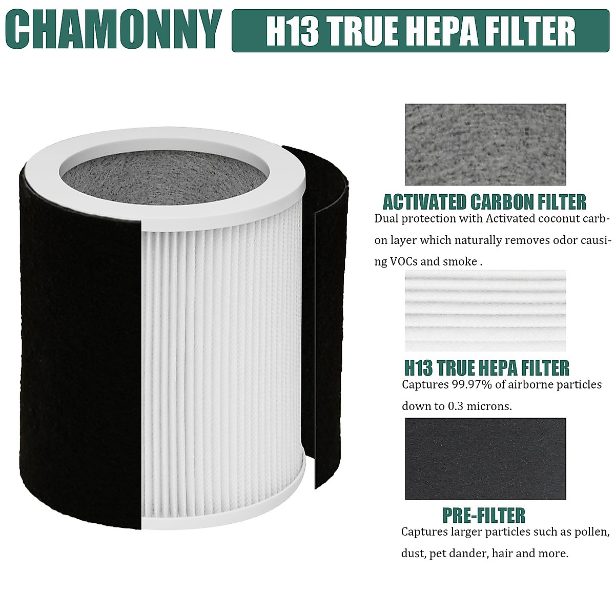 CHAMONNY H-HF400-VP Filter Replacement, Compatible with Hunter H-HF400-VP, H-PF400 and Hunter HP400 Cylindrical Tower Air Purifier, 1 True HEPA Filter + 4 Pre-Carbon Filters