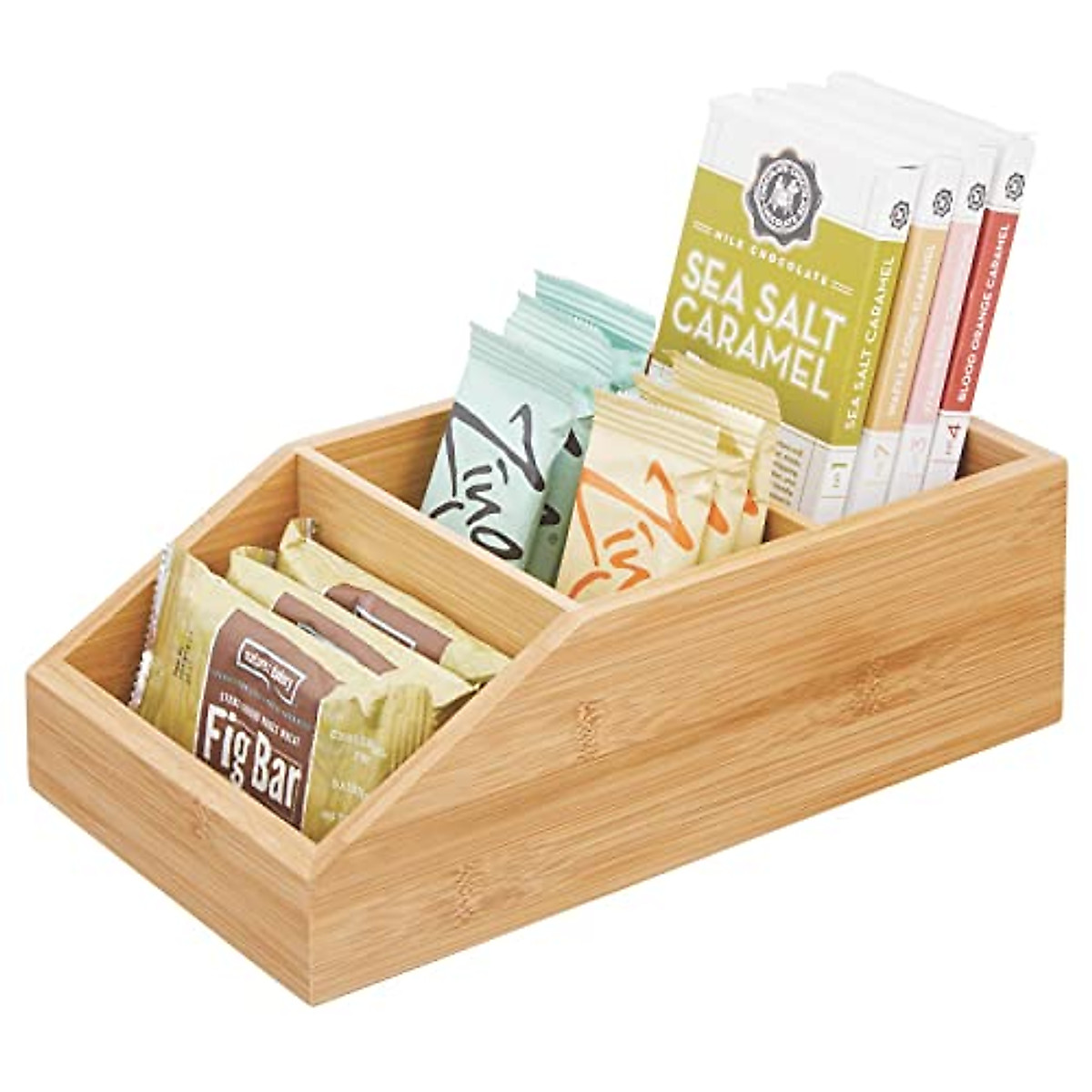 mDesign Bamboo Wood Food Storage Bin with Divided 3 Compartments and Sloped Front for Kitchen Cabinet, Pantry, Shelf to Organize Seasoning Packets, Powder Mixes, Spices, Snacks - Natural