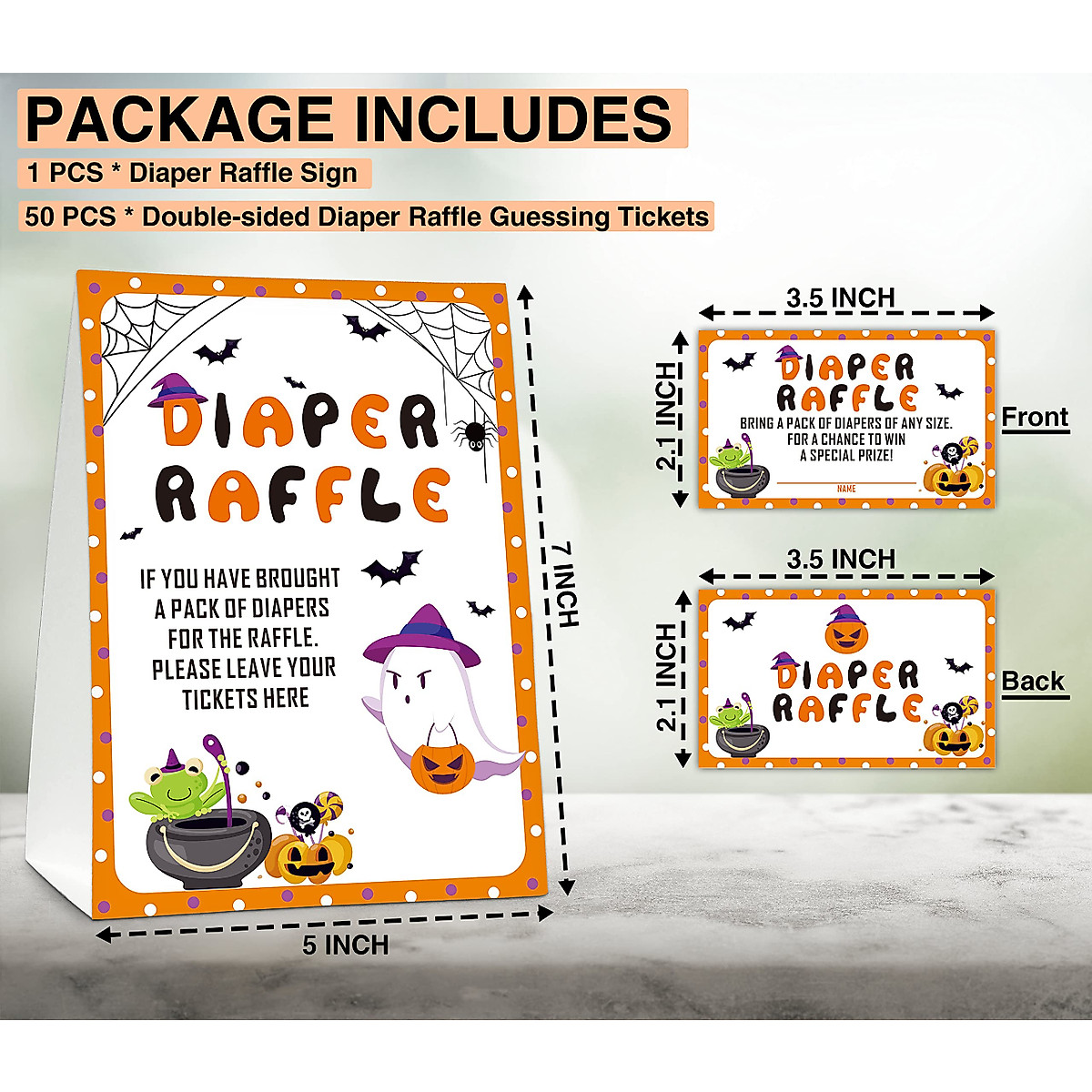 Halloween Diaper Raffle Game Sign and Card, Halloween Baby Shower Party Game Set, 1 Sign With 50 Raffle Tickets –LK-013