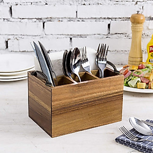 MyGift Premium Acacia Wood Dining Napkin Holder and Utensil Holder Buffet Caddy, Kitchen Flatware and Napkin Storage Organizer with Vintage Metal Handles
