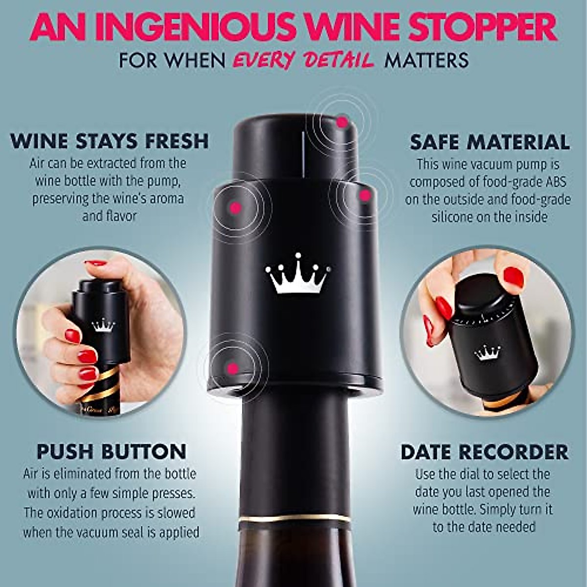 VINABON Vacuum Wine Stopper Set of 2 - Preserves Freshness and Flavor for 15 Days. Improved Pump Design, Easy One Button Operation, 100% Leak Proof Seal in Any Position. Includes WineGuide eBook