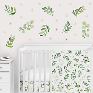 Sweet Jojo Designs Floral Leaf Large Peel and Stick Wall Decal Stickers Art Nursery Decor Mural - Set of 4 Sheets - Green and White Boho Watercolor Botanical Woodland Tropical Garden Bohemian Leaves