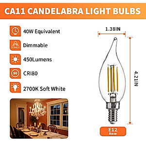 ALAMPEVER LED Candelabra Bulbs, Dimmable CA11 E12 LED Chandelier Light Bulbs, 2700K Soft White, 4W (40W Equivalent), 450LM, 12 Pack
