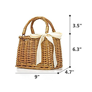 QTMY Bow Rattan Woven Bag Straw Bags Top Handle Wicker Baskets Handbags Boho Style Beach Bag Flower Basket