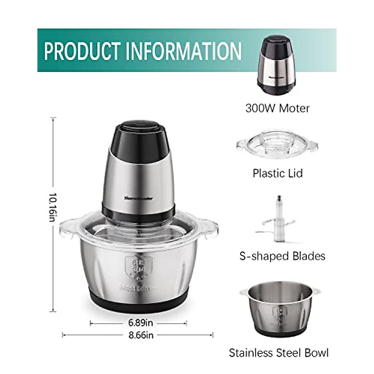 Meat Grinder Electric Food Chopper Processor by Homeleader 8 Cup Chicken Grinder Chopper with Stainless Steel Bowl for Lean Ground Meat Vegetables Fruits Nuts Ice Fast and Slow 2 Speeds 4 Sharp Blades Pure Copper Motor