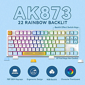 MAGIC-REFINER AK873 Gaming Keyboard,Rainbow Led Backlit,Hot-Swappable Blue Switch,PBT Keycap,75% TKL Layout,Ergonomic Mechanical Keyboard with Custom Coiled USB/Type-C Aviation Cable(Blue White)