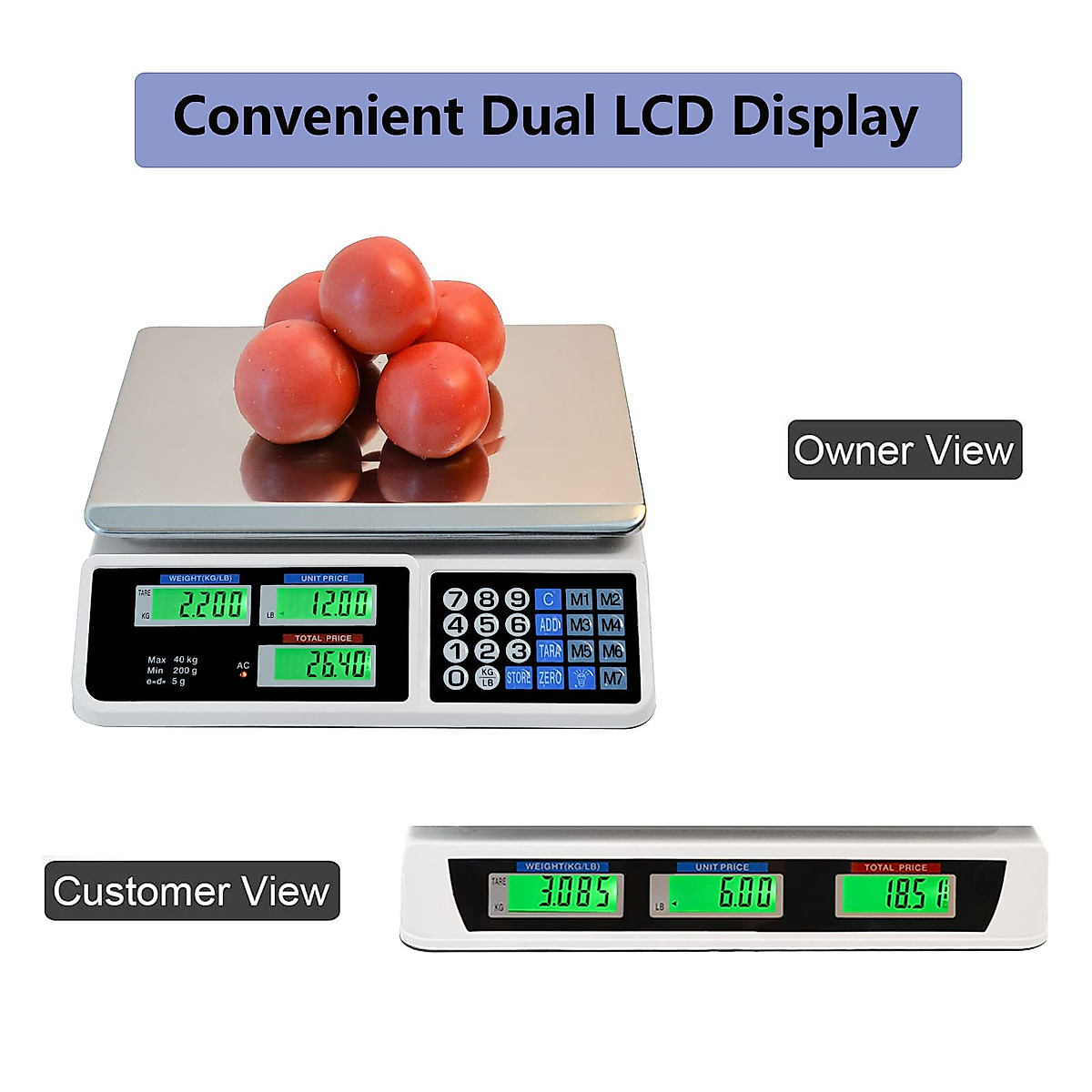 DEARCOOL Digital Commercial Price Scale, 88LB/40KG Electronic Price Computing Scale, Commercial Food Meat Fruit Weight Scale with LCD Display, Stainless Steel Platform