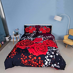 3D Oil Red Rose Bedding Sets 4PC,(1PC Duvet Cover,1PC Bed Sheet,2PC Pillowcase),100% Cotton King Queen Size Red Rose Duvet Cover Sets,Queen/Full Size