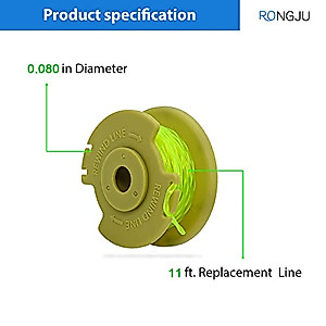 RONGJU 8 Pack Weed Eater Spool Replacement Compatible with Ryobi One Plus+ AC80RL3 for Ryobi 18v, 24v, 40v Trimmers 11ft 0.080 Inch Twisted Line + 1 Pack String Trimmer Cap (8 Spools, 1 Cap)