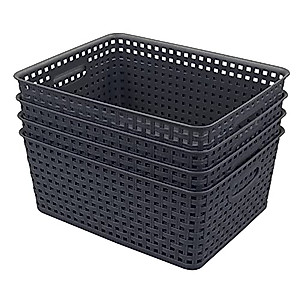 Vababa Pack of 4 Weave Plastic Baskets, Gray Plastic Storage Basket