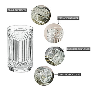 INSETLAN Set of 6 Vintage Glassware - 14 oz Water Drinking Glasses, Art Deco Ripple Glass Cup, Cocktail Glasses, for Bar Beverages Ice Coffee Juice, Housewarming Presents, New House Essentials