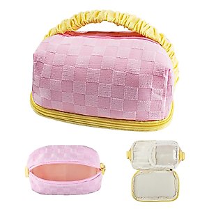 POWERWOO Travel Makeup Bag for Women, Double Layer Cosmetic Bag Organizer Brush bag with upgrade Zipper, Aesthetic Design Ladies Bag, Pink Toiletry Bag as Wedding and Happy New year gift bags