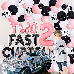 90Pcs Pink Racing Car 2nd Birthday Party Decorations for Girls, TWO FAST CURIOUS 2 Foil Balloons with Pink Black Checkerboard Grid Balloon Garland Kit for Girls 2 Years Old Birthday Decoration