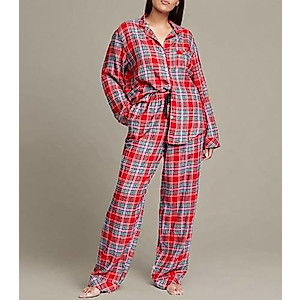 Victoria's Secret Flannel Pajamas, Long Sleeve Button Down & Pant Set, Sleepwear for Women, Lipstick Beauty Plaid, L