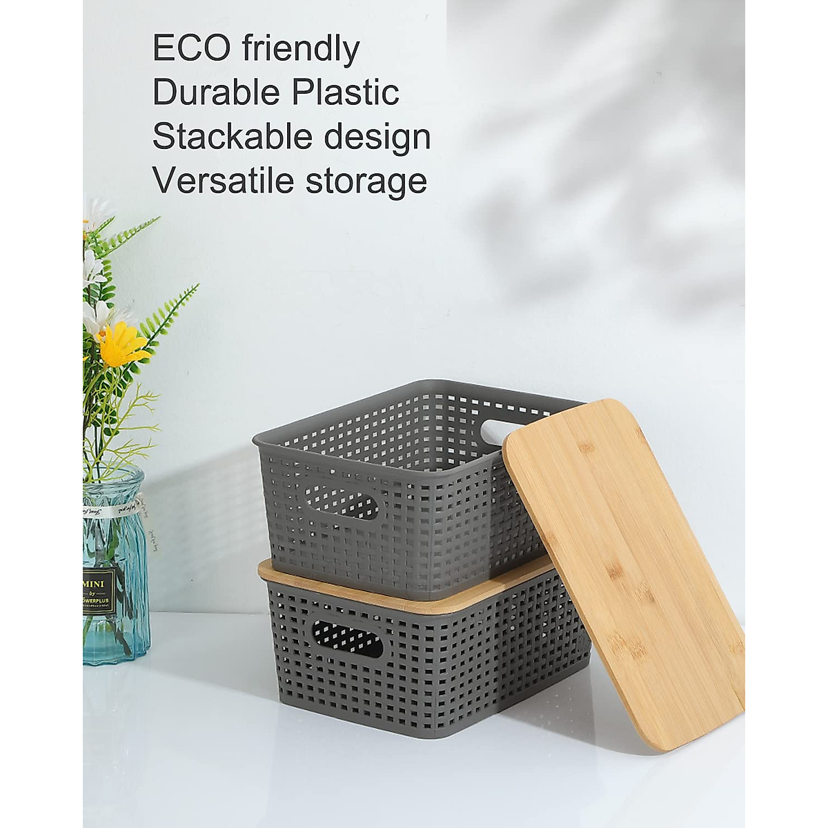 Storage Bins with Bamboo Lids Set of 6 Lidded Storage Container Plastic Baskets Organizer Bins for Organizing Kithen Room Bedroom Office Closet, Sturdy(Grey)