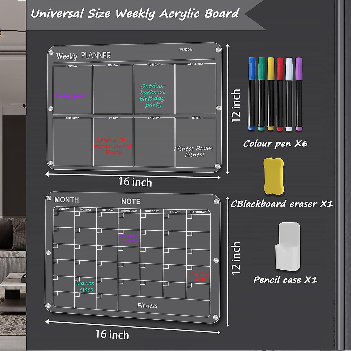 Acrylic Calendar for Fridge,16"×12" Acrylic Fridge Dry Erase Board, Clear Calendar for Fridge, Monthly Magnetic Calendars Board and Weekly Dry Erase Board, 6 Markers,1 Pen Holder and 1 Eraser (Clear)