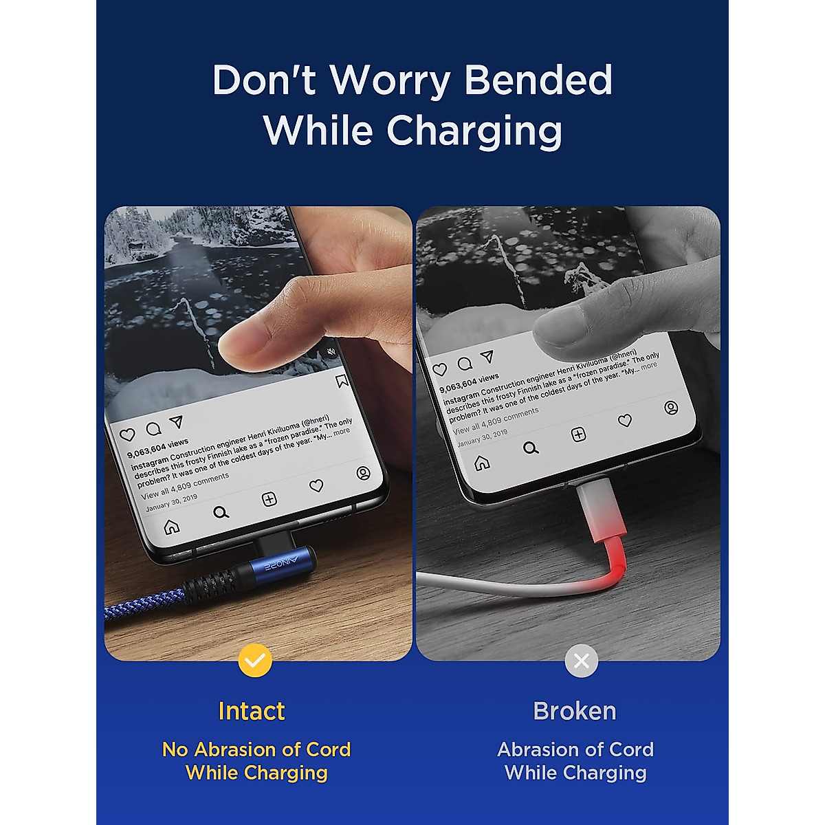 AINOPE 60W 4-Pack Type C to Type C Cable Right Angle Super Fast Charging USBC to USBC Cord 10FT+6.6FT+3.3FT+3.3FT Compatible Samsung S22 S21,Note 20 Ultra,iPad Pro/Air