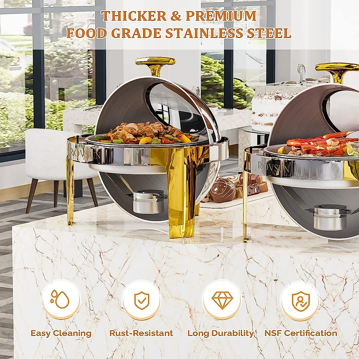 ROVSUN 6 Quart 2 Packs Round Chafing Dish Buffet Set Gold Accent, Stainless Steel Roll Top Chafer for Catering, Food Warmer with Glass Window for Party Wedding Catering Banquet Graduation Event