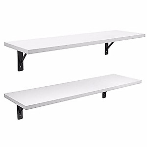 2pcs Indoor Wall Mounted Display Ledge Floating Organizer Shelves with Bracket Mikalo Floating-Shelves Bedroom Bathroom Storage Shelves, White (6359000)