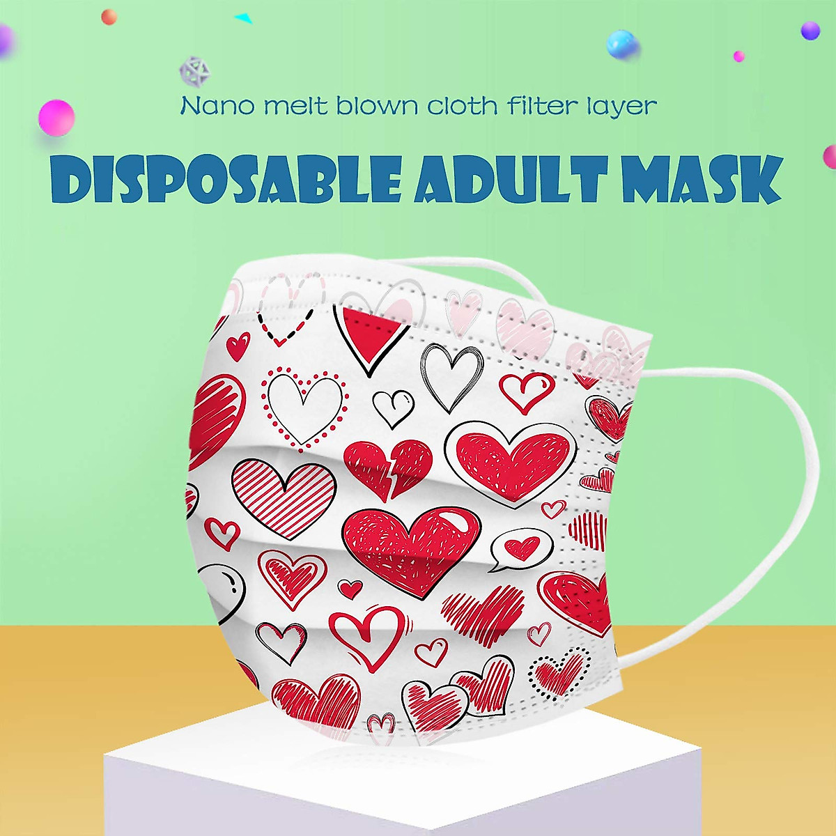 Wtosuhe 50PC Adults Valentines Day Disposable FaceMasks with Pink Black Love Heart Designs, 3-Ply Holiday_ Mask with Nose Wire for Women Men