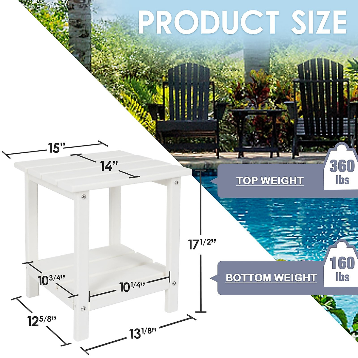 DAILYLIFE Outdoor Side Table, Adirondack Patio End Tables, Small Outdoor Coffee Table, HDPE Plastic End Table for Lawn, Garden, Beach, Pool, Balcony (White, Double Layer)