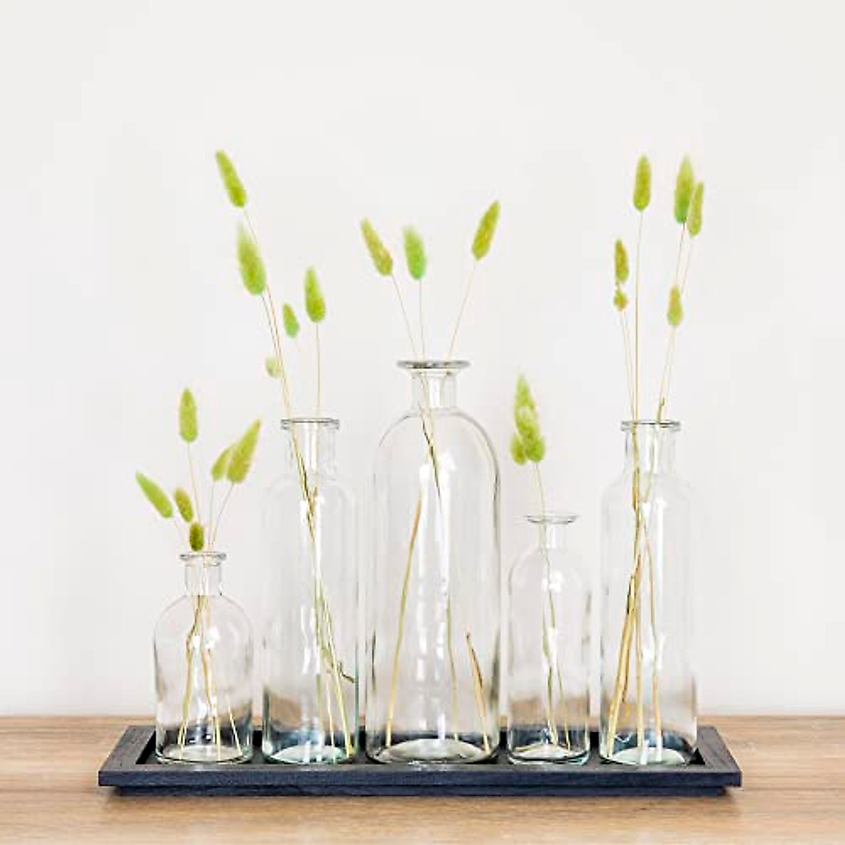 Creative Co-Op Wood Glass Bottle, Set of 5 Sizes Vase Set, Black Tray