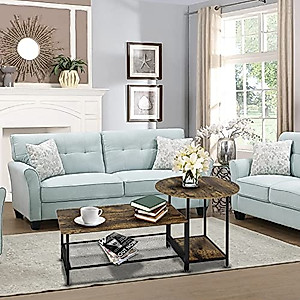 Wolawu Coffee Table Rustic Brown Set of 2 Large Round and Long Rectangle 2 Tiers Wood Storage Shelf Detachable Living Room Rustic Brown