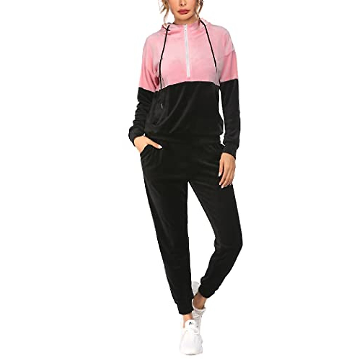 HOTOUCH Track Suits for Women Set 2 Piece Velour Sweatsuit Set Color Block Velvet Sweatshirt and Jogger Set Outfit Pink M