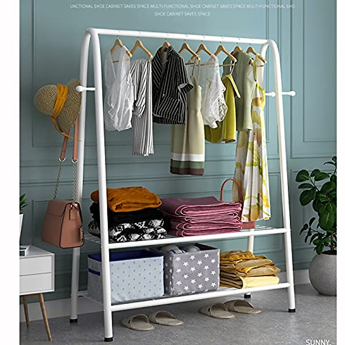 FAXIOAWA Coat Racks Clothes Rail Garment Rack with Shelves Metal Garment Display Stand Cloth Drying Rack Hanger for Hanging Clothes Boxes Shoes Boots/108X43X150Cm