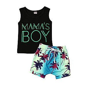 FYBITBO 2Pcs Baby Boys Summer Clothing Sets Cute Letters Print Sleeveless Tank Tops T-Shirt+Palm Shorts Outfits (Black, 18-24 Months)