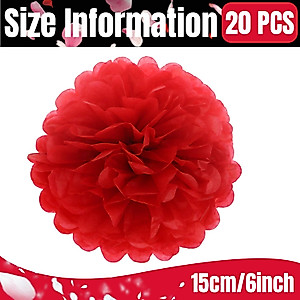 Qimoo 20pcs Red Paper Pom Poms Decorations, DIY Decorative Tissue Paper Pom-poms Flowers Ball for Party Wedding Outdoor Decoration
