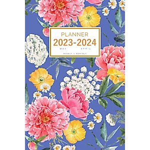 Planner 2023-2024: 6x9 Weekly and Monthly Organizer from May 2023 to April 2024 | Peony Summer Flower Design Blue