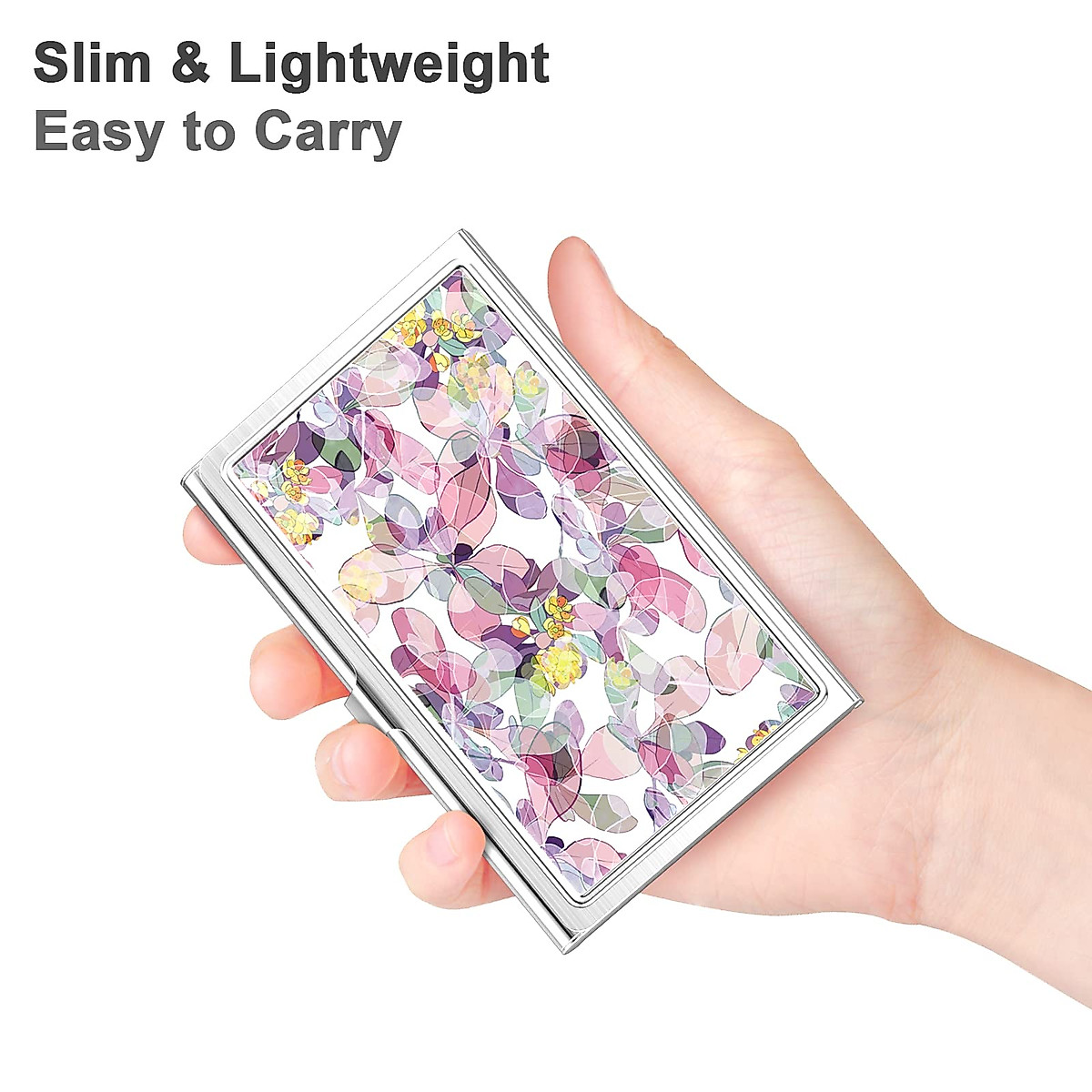 Rouidr Business Card Holder, Small Business Card Case, Slim Metal Business Card Organizer, Pocket Name Card Holder Wallet for Men Women, Colorful Flowers
