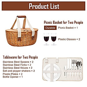 Picnic Basket Set for 2 with Insulated Cooler Bag and Cutlery Service Kits, Wooden Lids & Handles Willow Picnic Hamper Basket W/Lining for Camping, Party, Wedding, Halloween, Christmas (White)