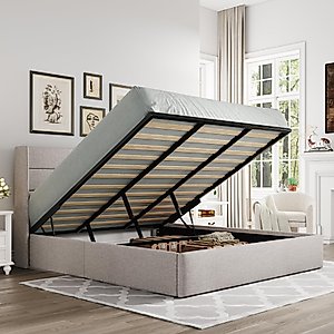 Allewie King Size Lift Up Storage Bed, Modern Wingback Headboard, No Box Spring Needed, Hydraulic Storage, Light Beige