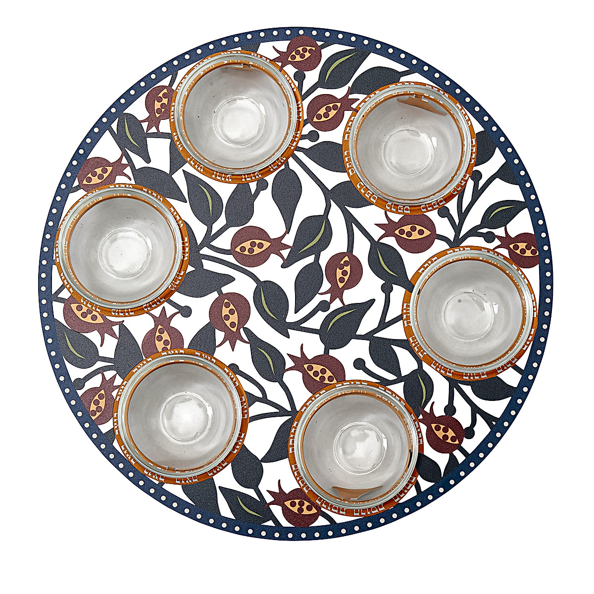 Unique Laser-cut Seder Plate with Glass Insets, Matzah Cover + More Original Judaica Design (Red Pomegranates)