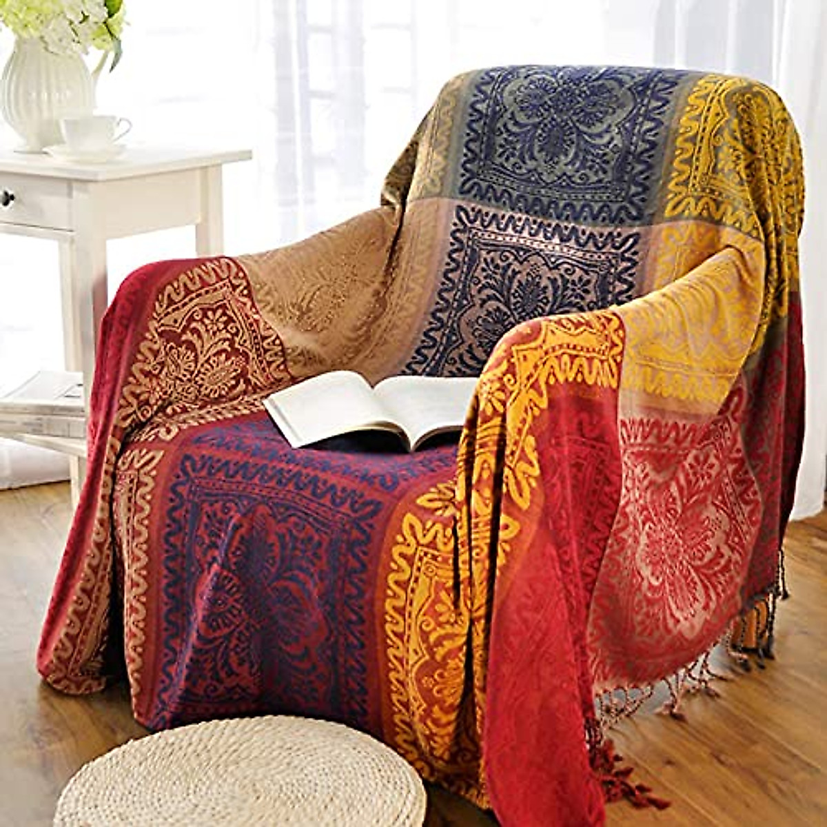CUEERBOT Bohemian Throw Blankets Colorful Boho Sofa Throw Cover Chenille Jacquard Tassels Reversible Woven Aztec Blankets for Couch Bed Red 60" x 75"