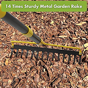 Garden Rake,14 Tines Heavy Duty Bow Rake for Lawns,73 Inch Long Handle Leaf Rake for Loosening Soil…